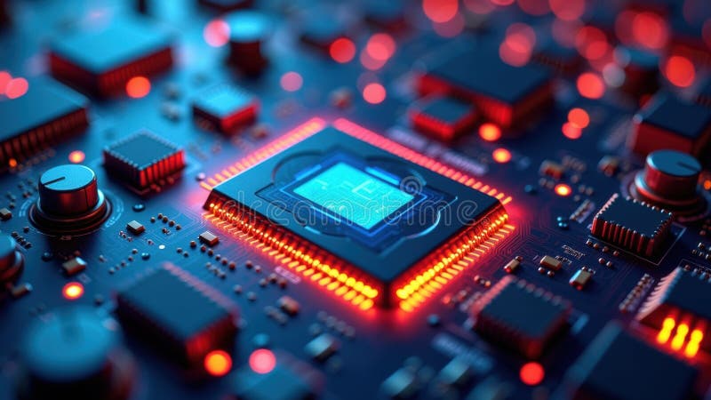 A Detailed Look at a Contemporary Computer Chipset Illuminated by Red ...