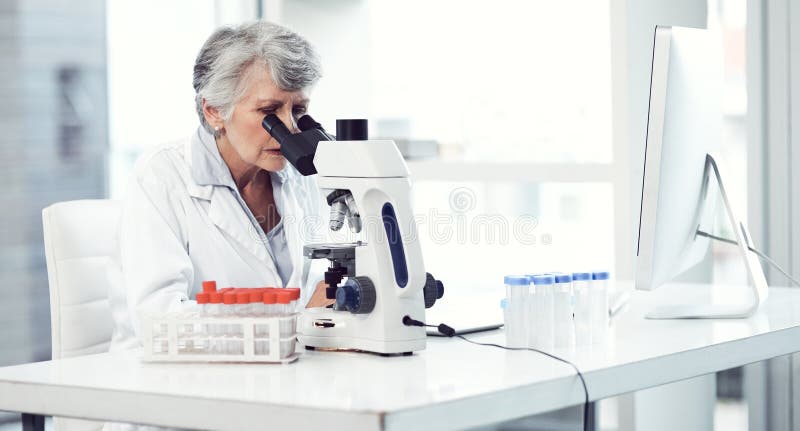A Detailed Look. a Focused Elderly Female Scientist Looking through a ...