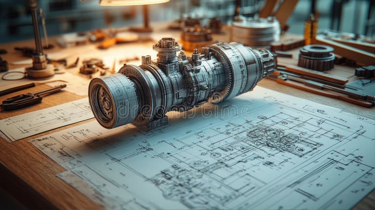 Detailed Machine Part Prototype on Engineering Blueprint Stock Photo ...