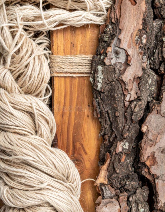Detailed Macro of Beige String Rolls and Rough Tree Bark on Light Wood ...
