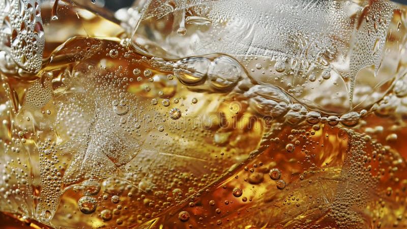 Detailed Macro Close Up of Melting Ice Cubes in an Amber Liquid ...
