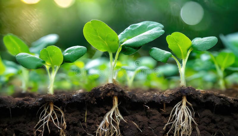 A Detailed Macro Image of Young Plants with Roots in the Soil. Stock ...