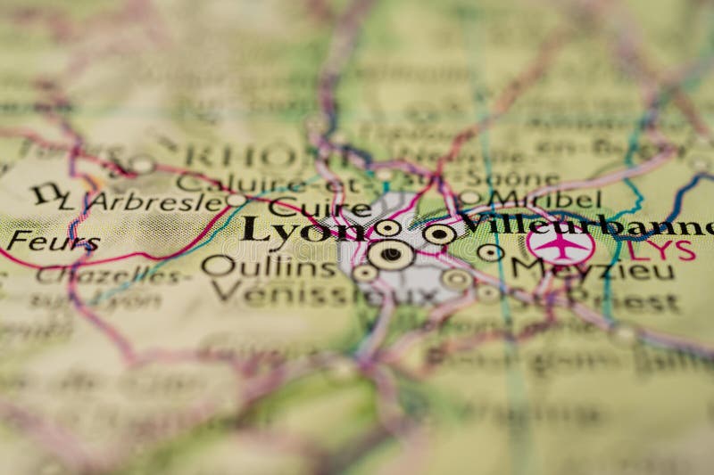 Detailed Macro Map Showing Lyon and Villeurbanne.. Stock Image - Image ...
