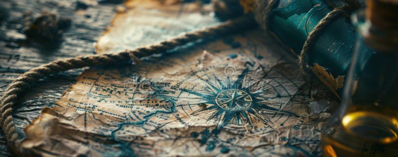 Detailed Macro of Nautical Map with Compass Rose and Vintage Maritime ...