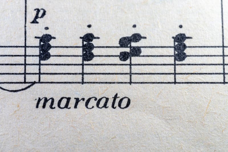 Macro Close-Up of Printed Sheet Music with "Marcato" Notation Stock ...