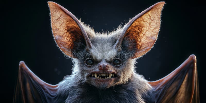 A Detailed Macro Shot of a Bat’s Face Featuring Its Large Translucent ...