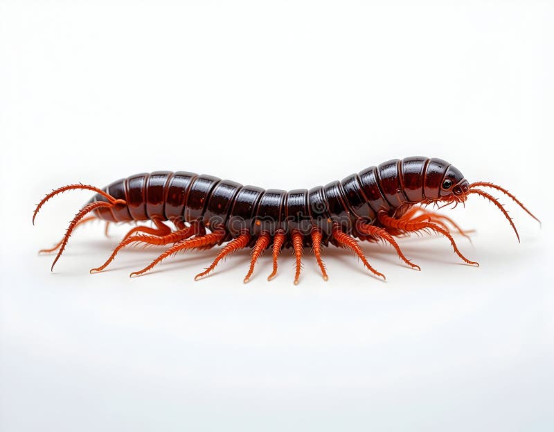 Centipede Crawling Macro Image on White Background with Orange Legs ...