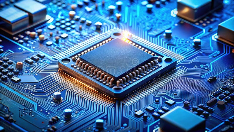 Detailed Macro View of a Semiconductor Chip on a Blue Circuit Board ...