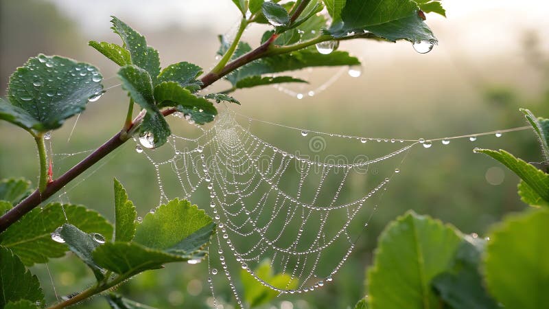 Close Up of Detailed Spider Web with Water Droplets Glistening. Natural ...