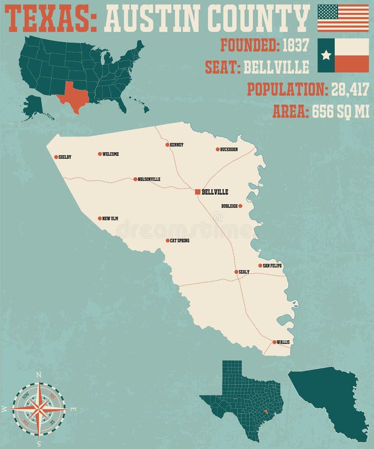 Map of Austin County in Texas Stock Vector - Illustration of blue ...