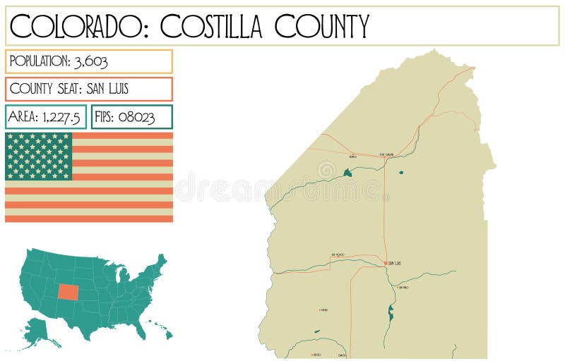 Detailed Map of Costilla County in Colorado USA Stock Vector ...