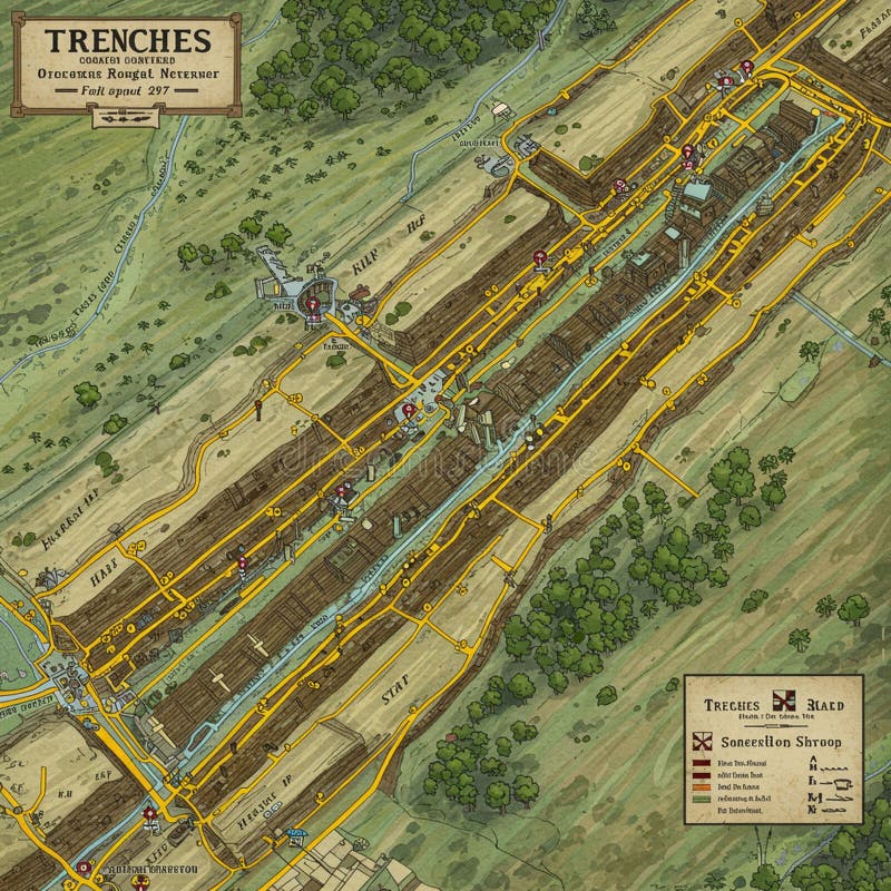 A Detailed Map Illustration of Trenches, Marked with Various ...