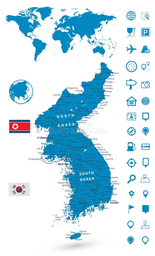 Detailed Map of Korean Peninsula with World Map Navigation Set Stock ...
