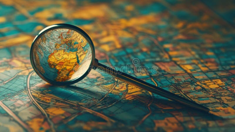 Detailed Map of Roads with a Magnifying Glass Over a Globe Stock ...