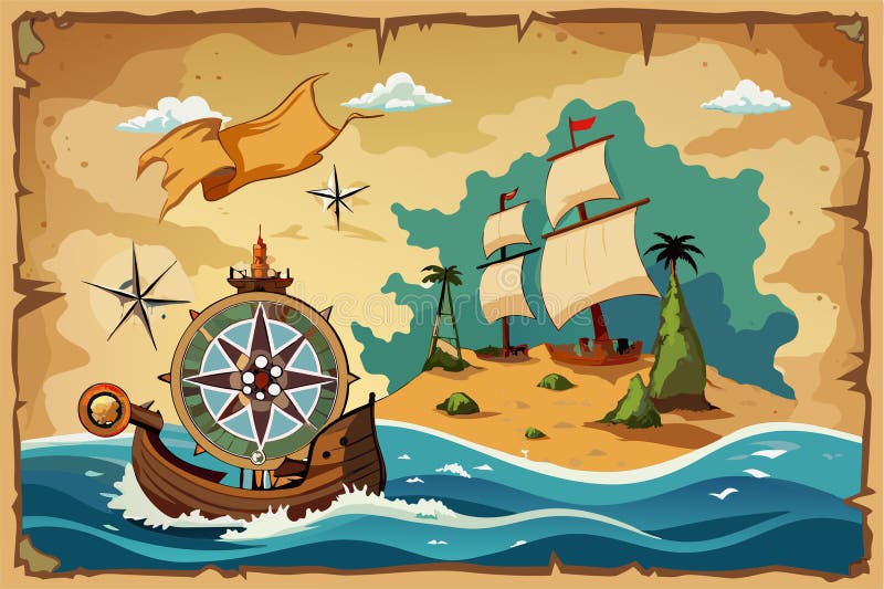 A Detailed Map Shows a Pirate Frigate Navigating Turbulent Waters ...
