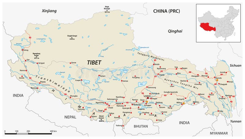 Detailed Map of the Tibet Autonomous Region, China Stock Vector ...