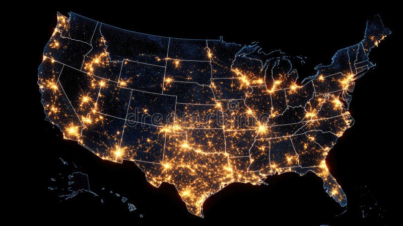 Detailed Map of the United States Illuminated with a Network of Lights ...