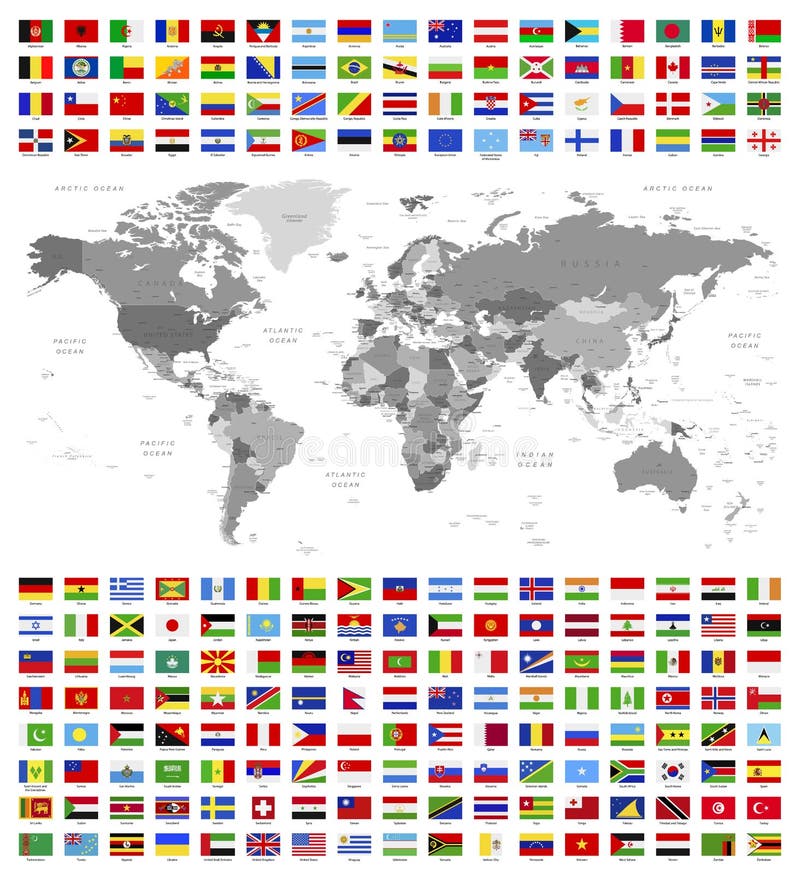Detailed Map of the World and Flags of All Countries. Stock Vector ...
