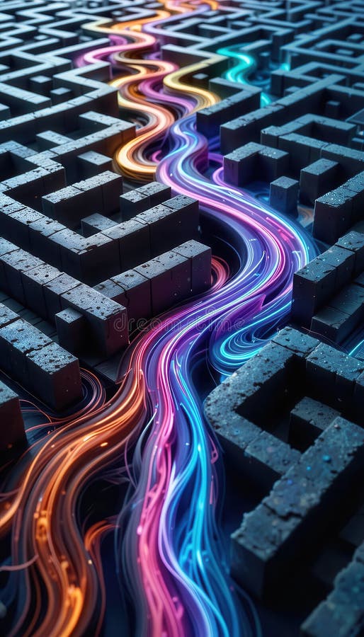 Maze Design with Neon Light Trails Creates a Vibrant Mobile Display ...