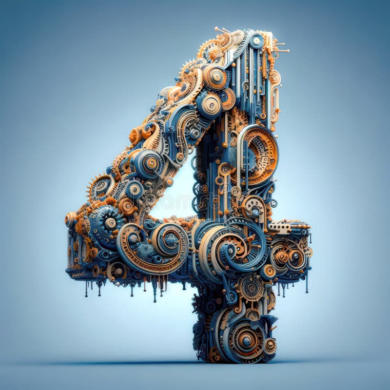 Detailed Mechanical Number Four Made of Gears and Cogs with Intricate ...