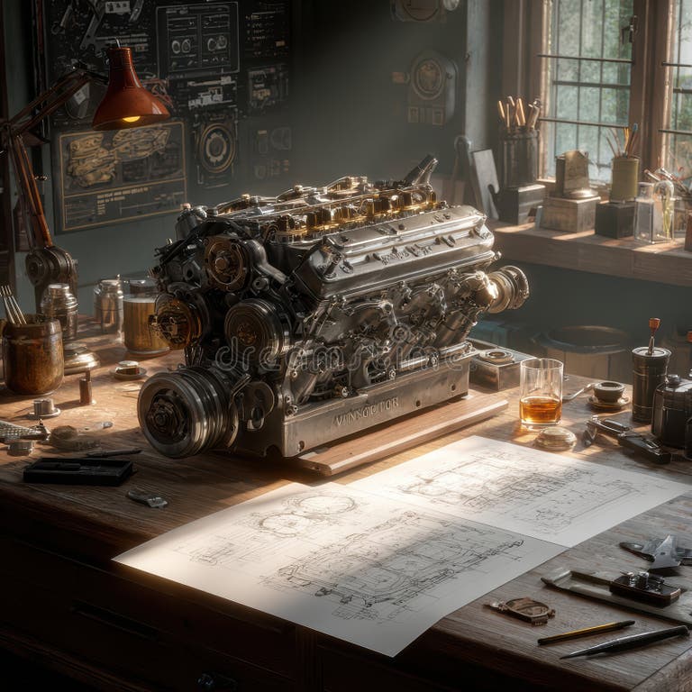 Detailed Mechanics Workshop with Engine Blueprints and Tools Stock ...