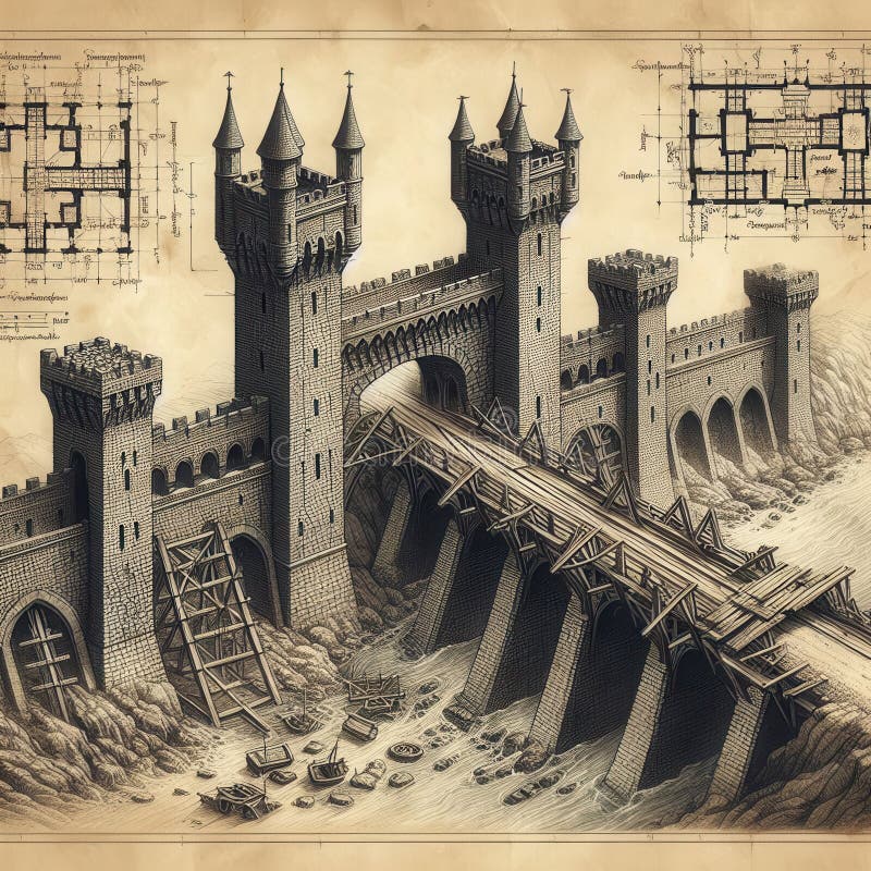 Defensive River Crossing with Stone Arches Stock Illustration ...