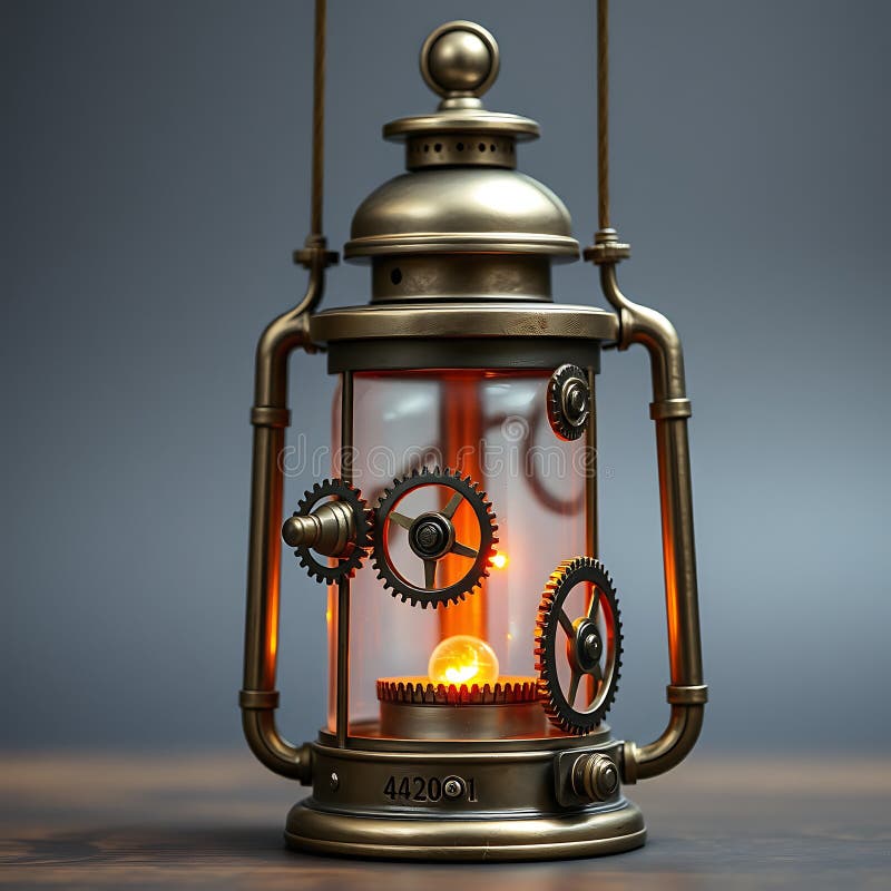 A Detailed Metallic Steampunk Lantern with Gears and Glowing Lights ...