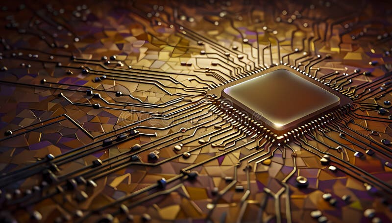Detailed Microchip Image with Golden Circuits on a Textured Background ...