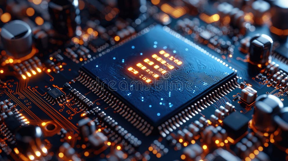 Detailed Microchip Motherboard with Glowing Circuits and Components ...