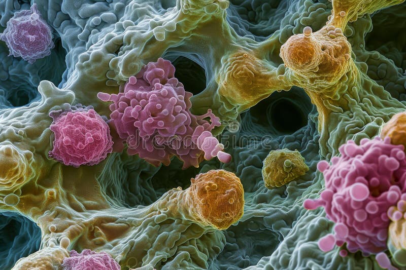 Colorful Microscopic View of Cell Interactions Stock Photo - Image of ...