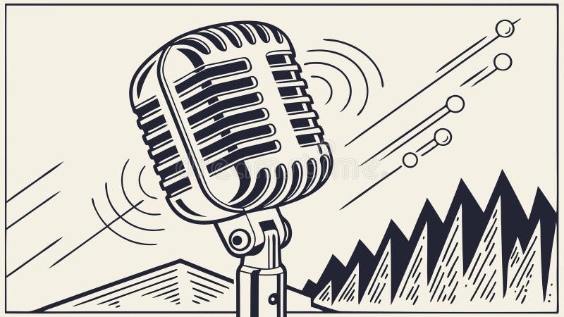 Detailed Microphone with Sound Waves Line Art Vector Illustration ...