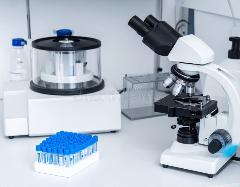 Detailed Microscope and Centrifuge on a White Laboratory Bench Under ...