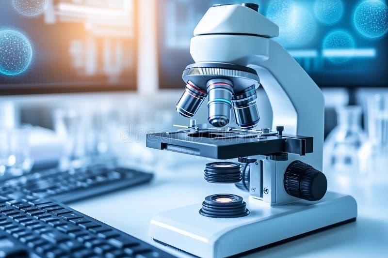 Detailed Microscope Close-Up with Metal Lens Inside a Modern Laboratory ...
