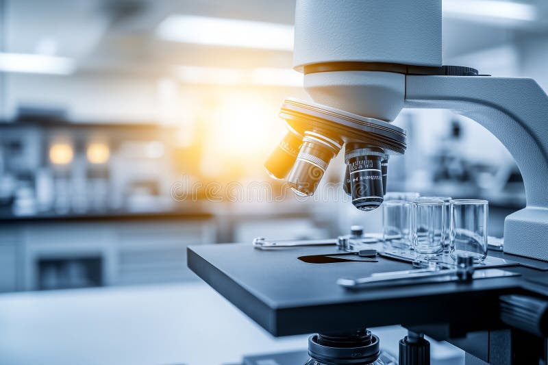 Detailed Microscope with Glassware in Modern Science Laboratory for ...