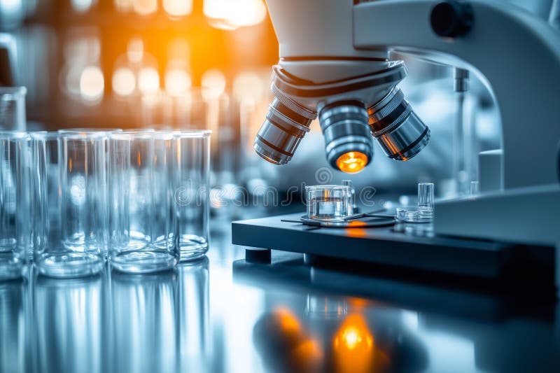 Detailed Microscope in Laboratory with Glassware and Research Elements ...