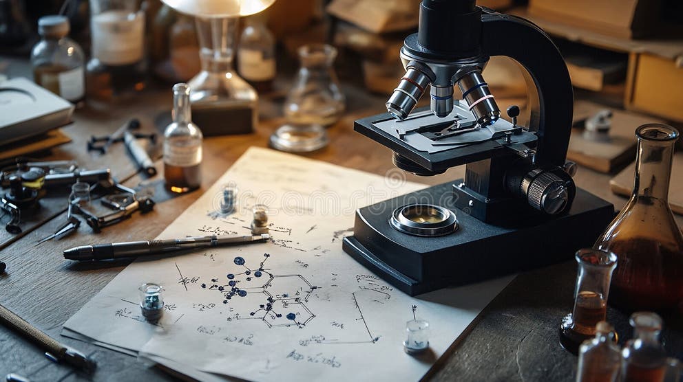 Detailed Microscope on Laboratory Table with Papers Stock Photo - Image ...