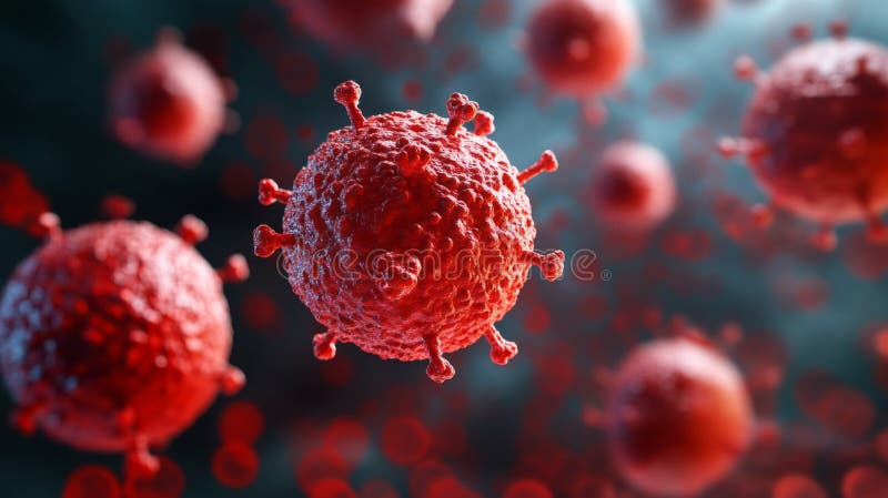 Detailed Microscopic Render of Red Viruses Floating with Dark ...