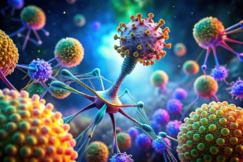 Detailed Microscopic View of a Bacteriophage Attacking Bacteria a ...