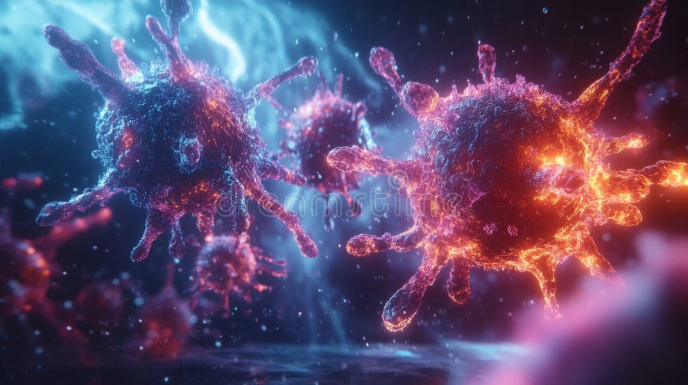 Detailed Microscopic View of Blue and Orange Viral Pathogens with ...