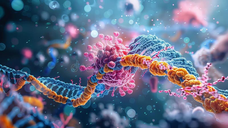 Detailed Microscopic View of a Cell Highlighting Genetic Sequences and ...