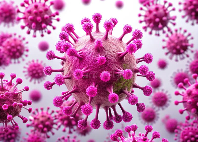 Detailed Microscopic View of a Cluster of Pink Viral Particles a 3D ...