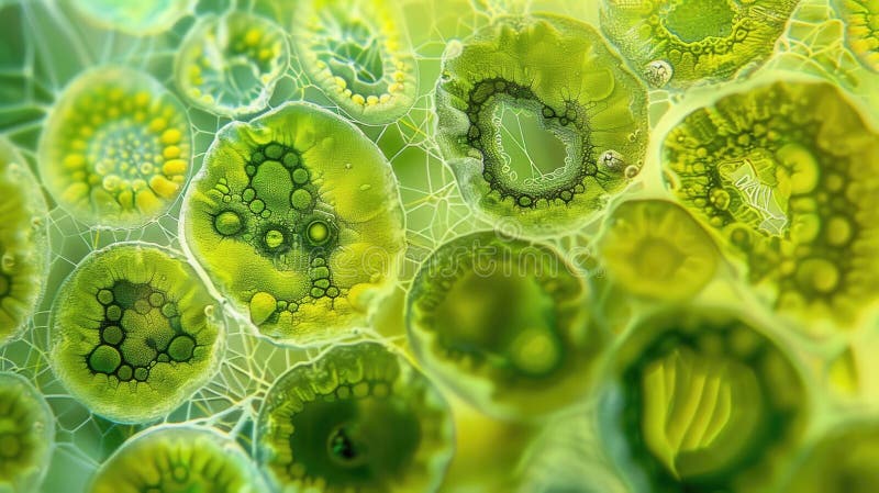 Detailed Microscopic View of Green Algae, Capturing the Complex ...
