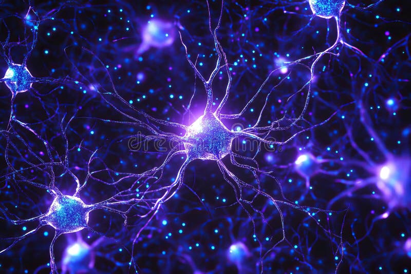 Closeup of Interconnected Neurons with Glowing Blue Cell Bodies and Tendrils Stock Illustration ...