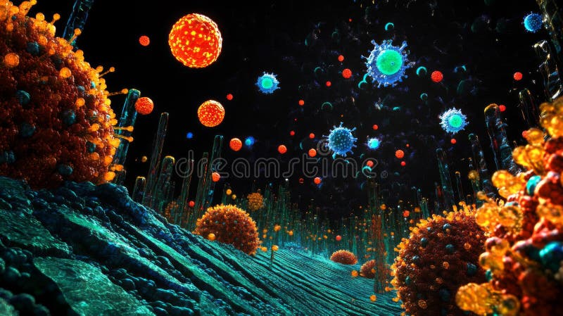 Detailed Microscopic View of Orange and Blue Pixelated Cells on Black ...