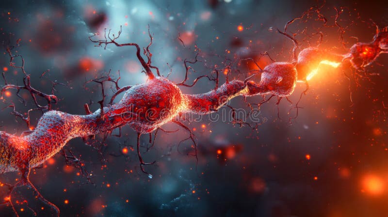 Detailed Microscopic View of Red Neurons Connecting with Bright Light ...