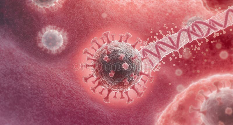 Detailed Microscopic Virus Cell Attacking Dna Strands in Red and White ...