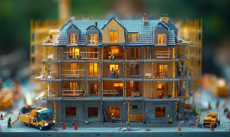 Detailed Miniature Construction Scene with Workers at a Building Site ...