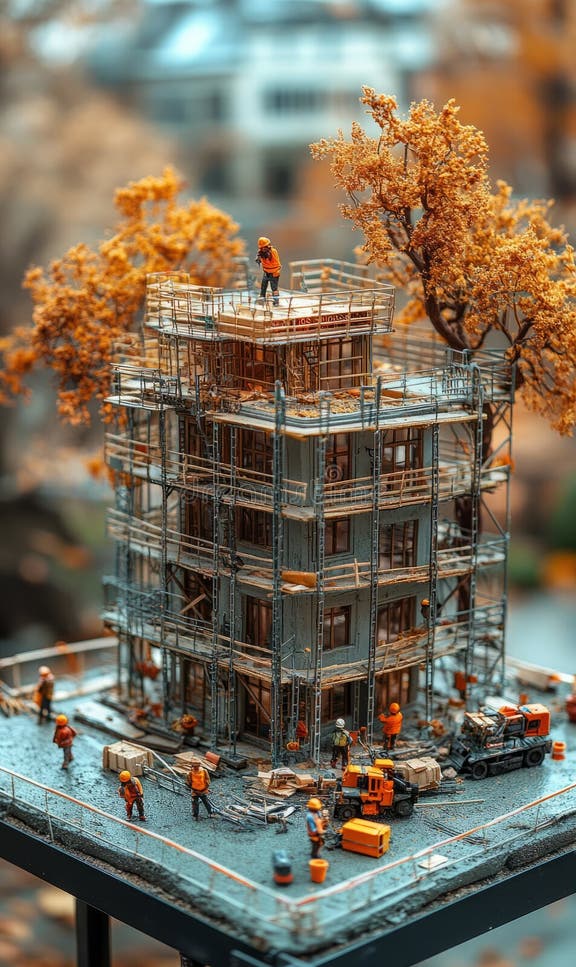 Detailed Miniature Construction Site with Workers and Scaffolding Stock ...