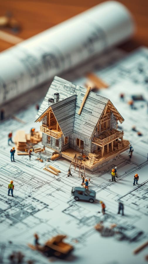 Detailed Miniature Construction of a Wooden House on a Blueprint in a ...