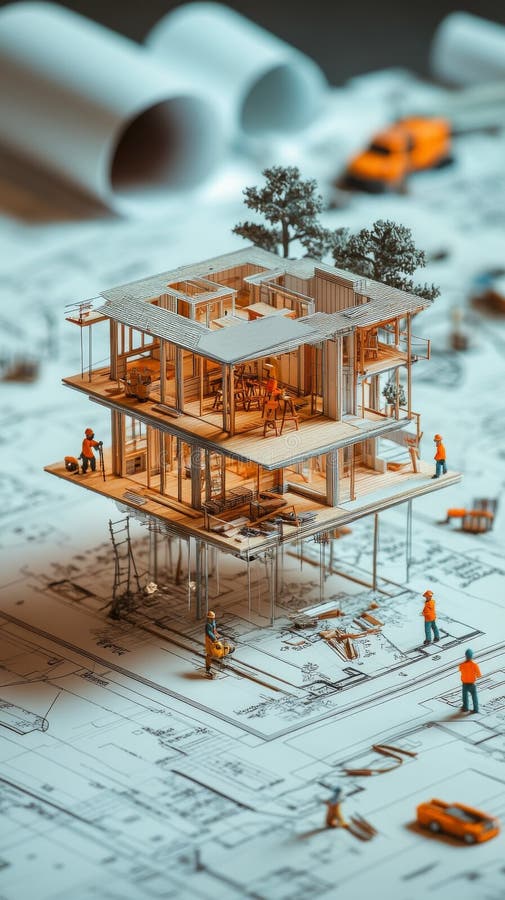 Detailed Miniature Construction of a Wooden House on a Blueprint in a ...